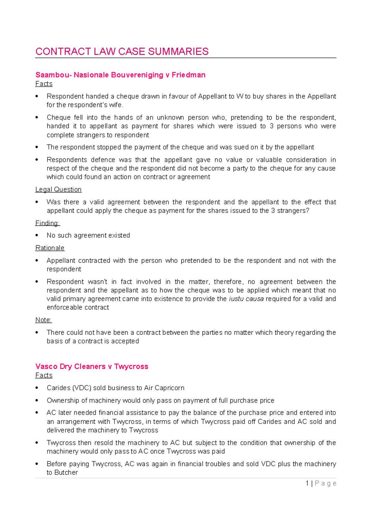 Contract law case summaries: Key findings and legal principles - Studocu