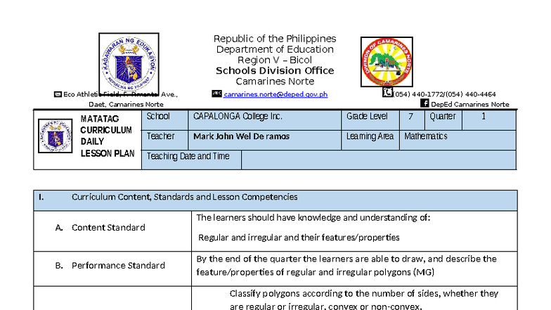 MATATAG CURRICULUM DAILY LESSON PLAN: POLYGONS (Grade 7) - Studocu