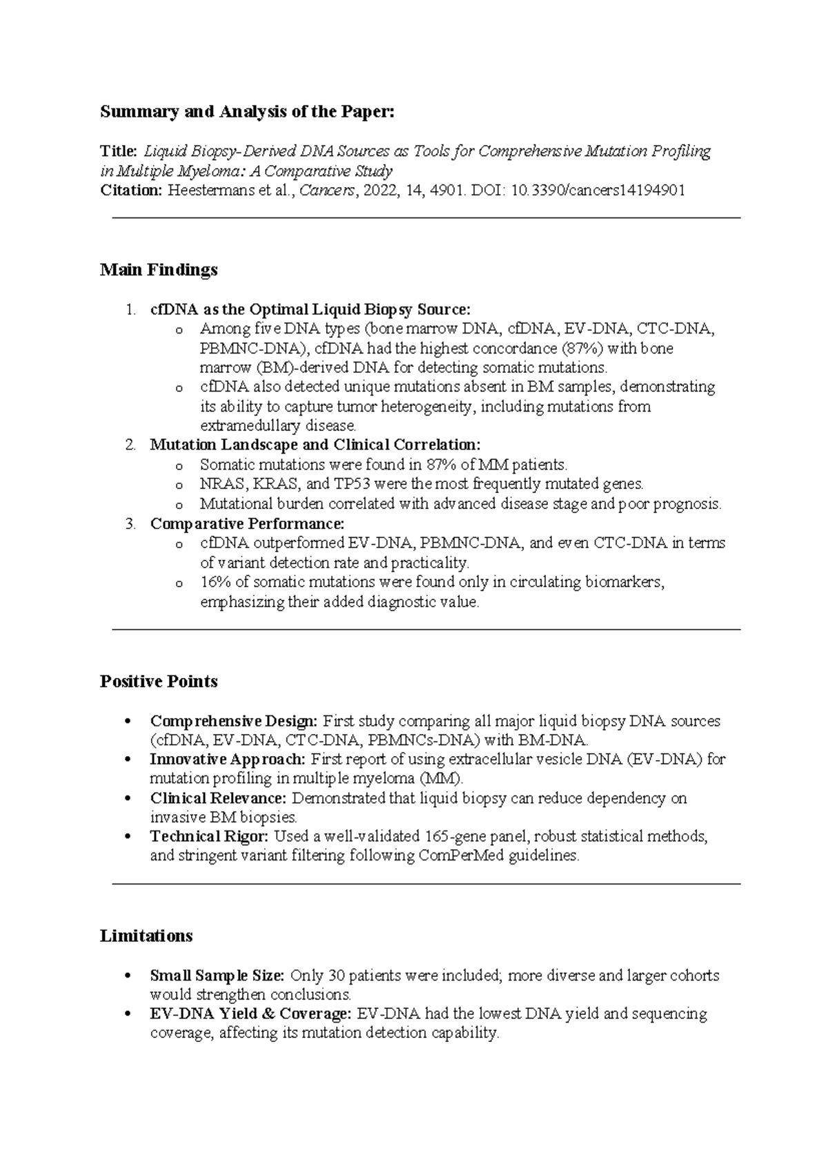 Summary of Liquid DNA Sources for Mutation Profiling in Multiple ...