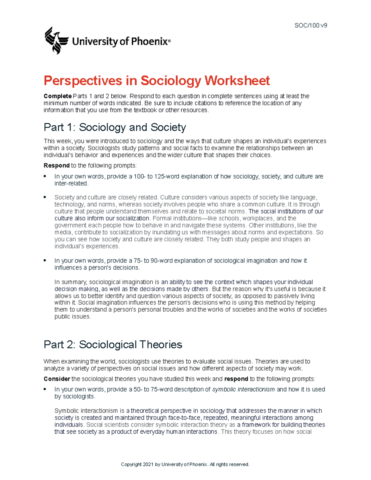SOC/100 v9 Week 1 Perspectives in Sociology Worksheet Overview - Studocu