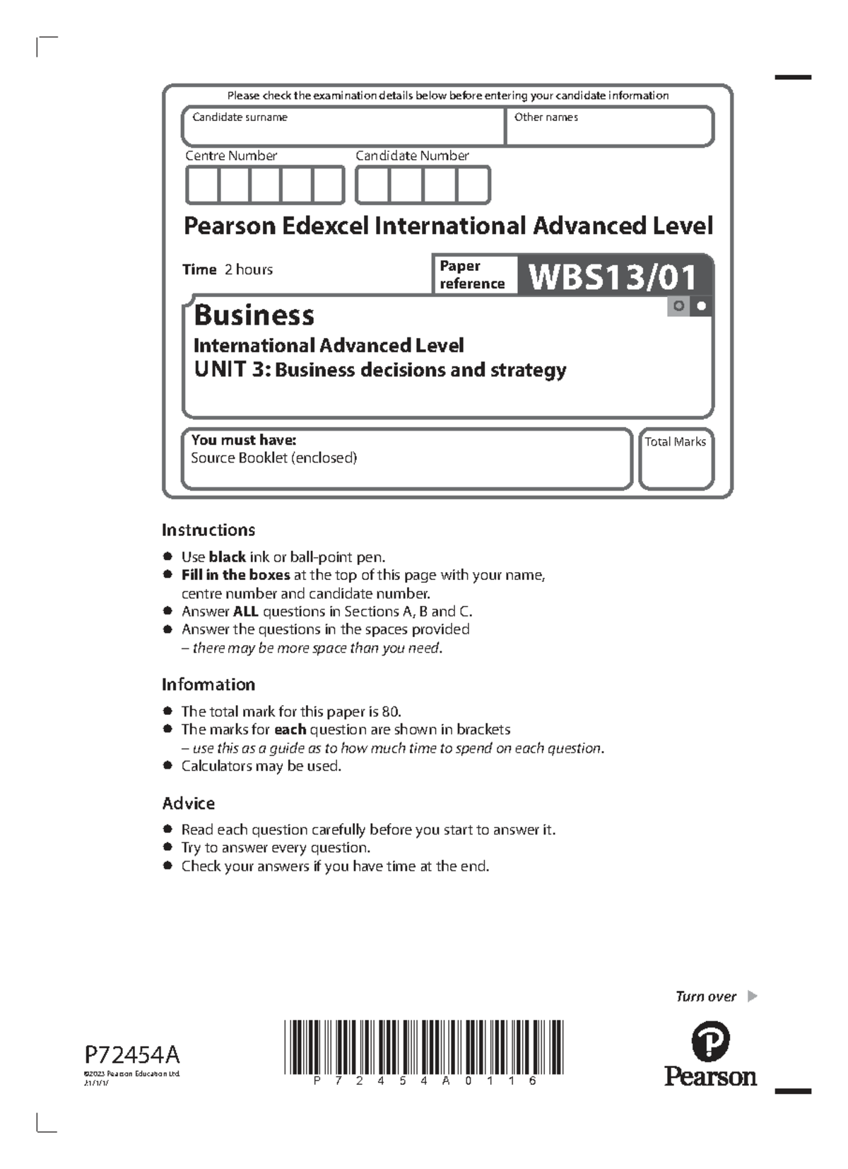 WBS13 01 QP 2024 Business A Levels Pearson Edexcel Exam Paper - Studocu