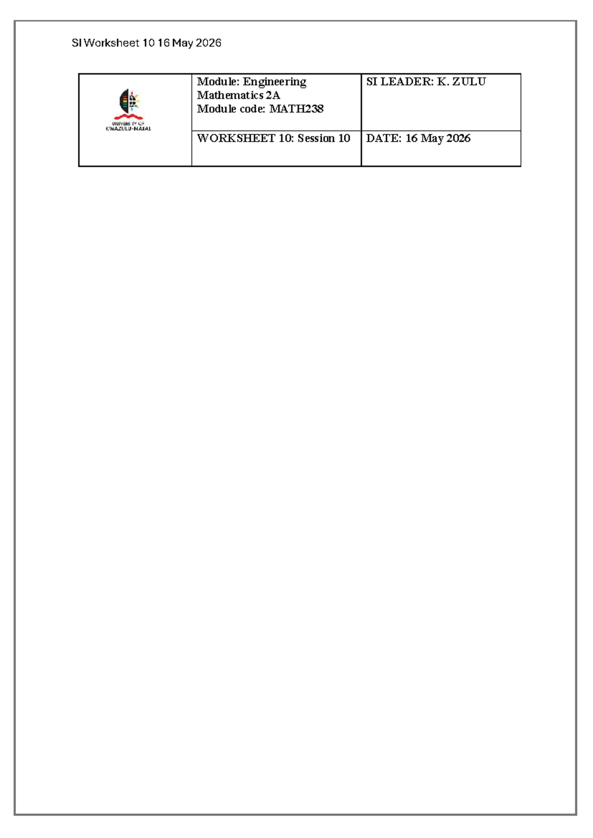 SI Worksheet 10: Engineering Mathematics 2A (MATH238) - May 2026 - Studocu