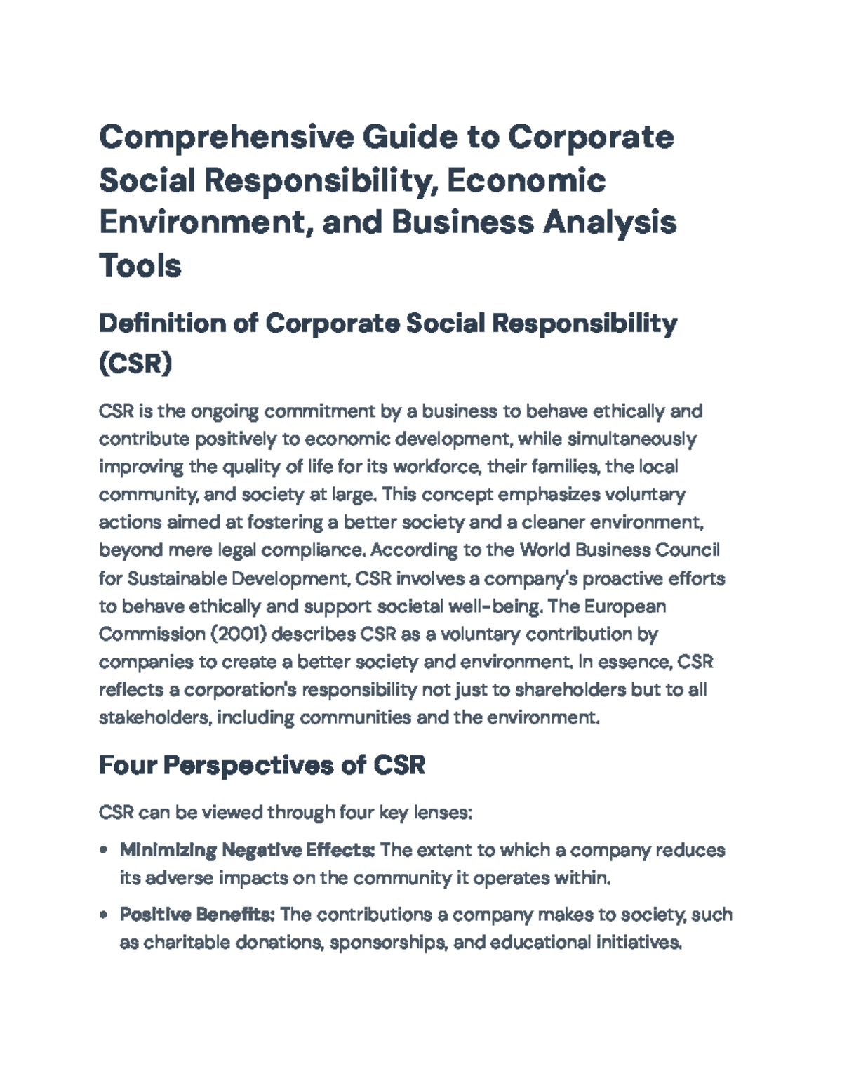 Comprehensive Overview of CSR & Economic Environment Strategies (BUS ...