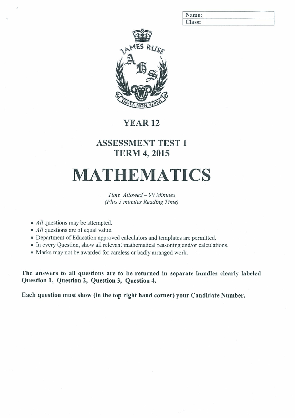 MATHEMATICS 12 Assessment Test 1 - James Ruse Year 2015 - Studocu