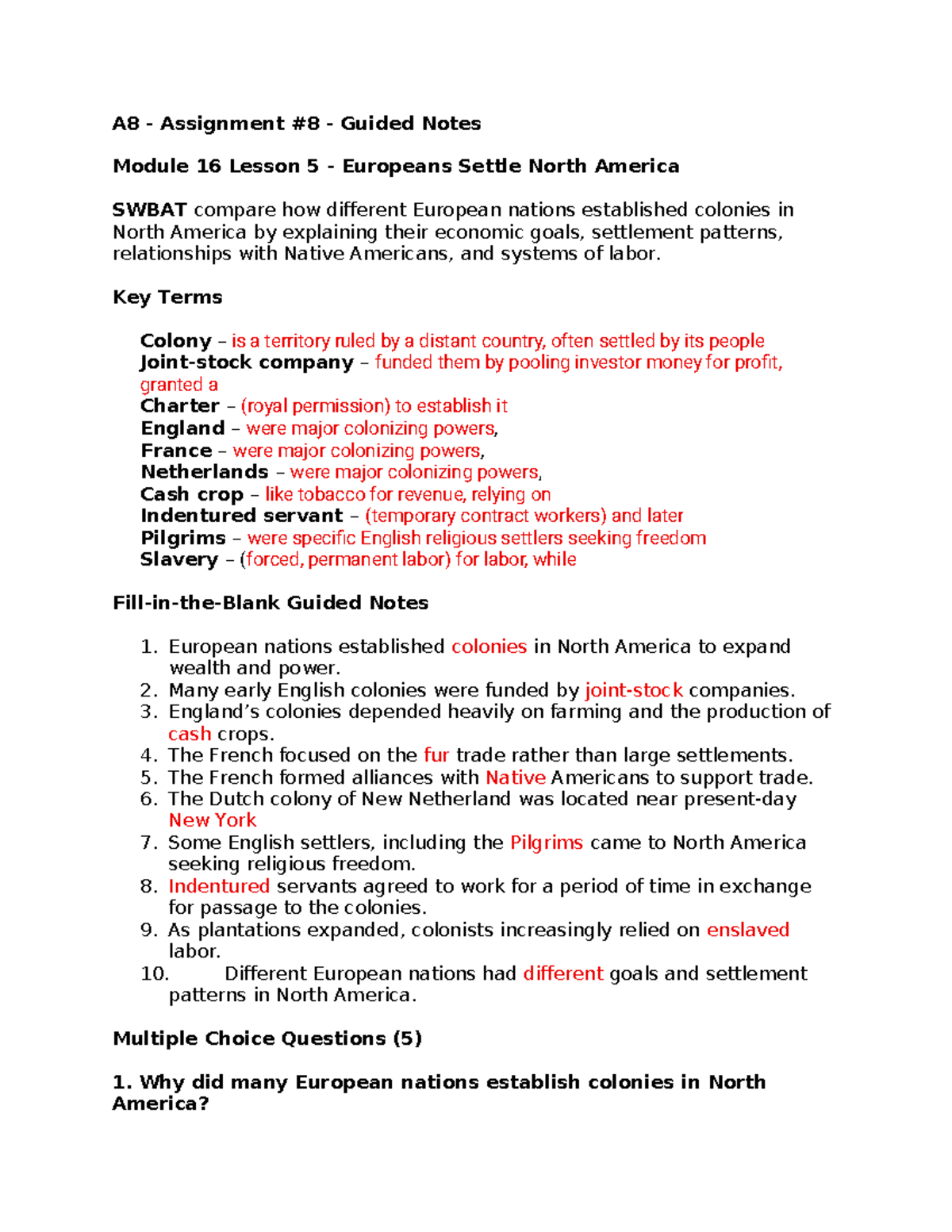 A8 Module 16 Lesson 5 - European Colonization of North America - Studocu