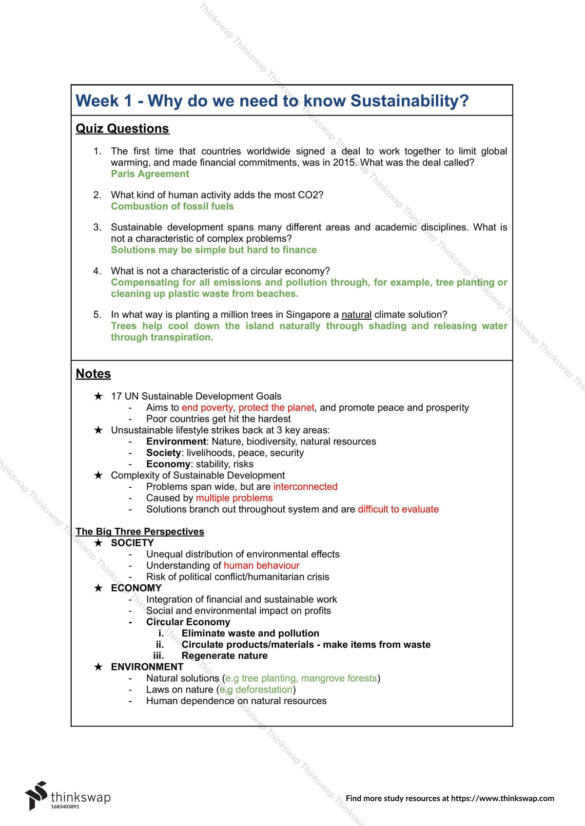 CC0006-Weekly Quiz Answers on Sustainability Topics - Studocu
