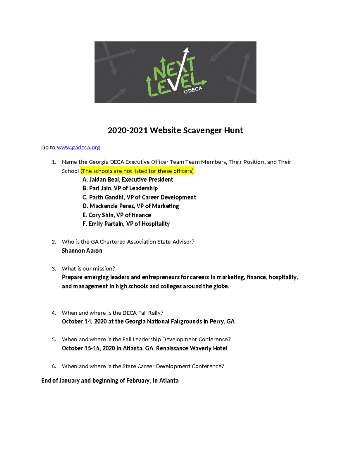 2020-2021 DECA Website Scavenger Hunt - 2020-2021 Website Scavenger ...