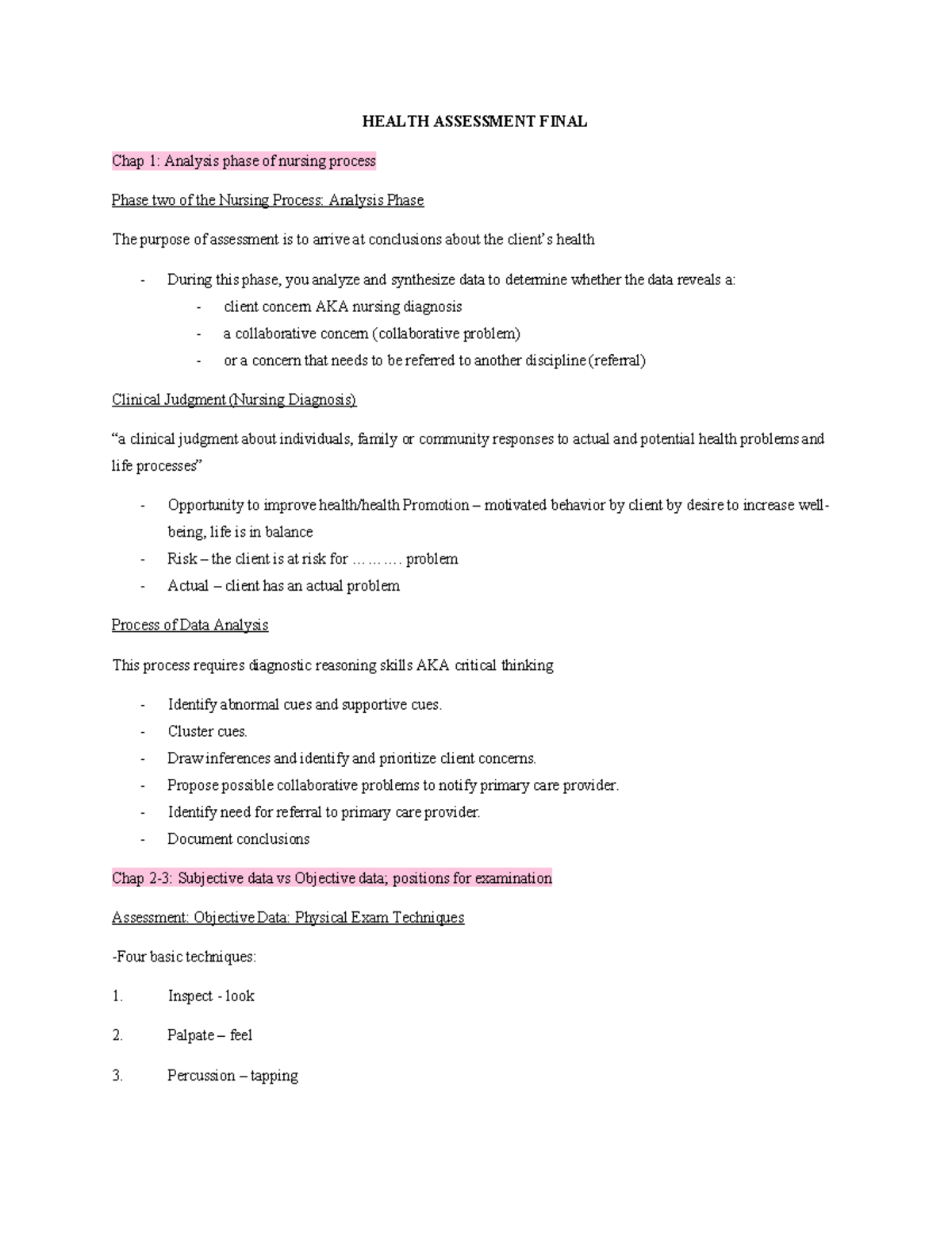 Final Exam Health Assessment (NUR 301) Study Guide and Key Concepts ...
