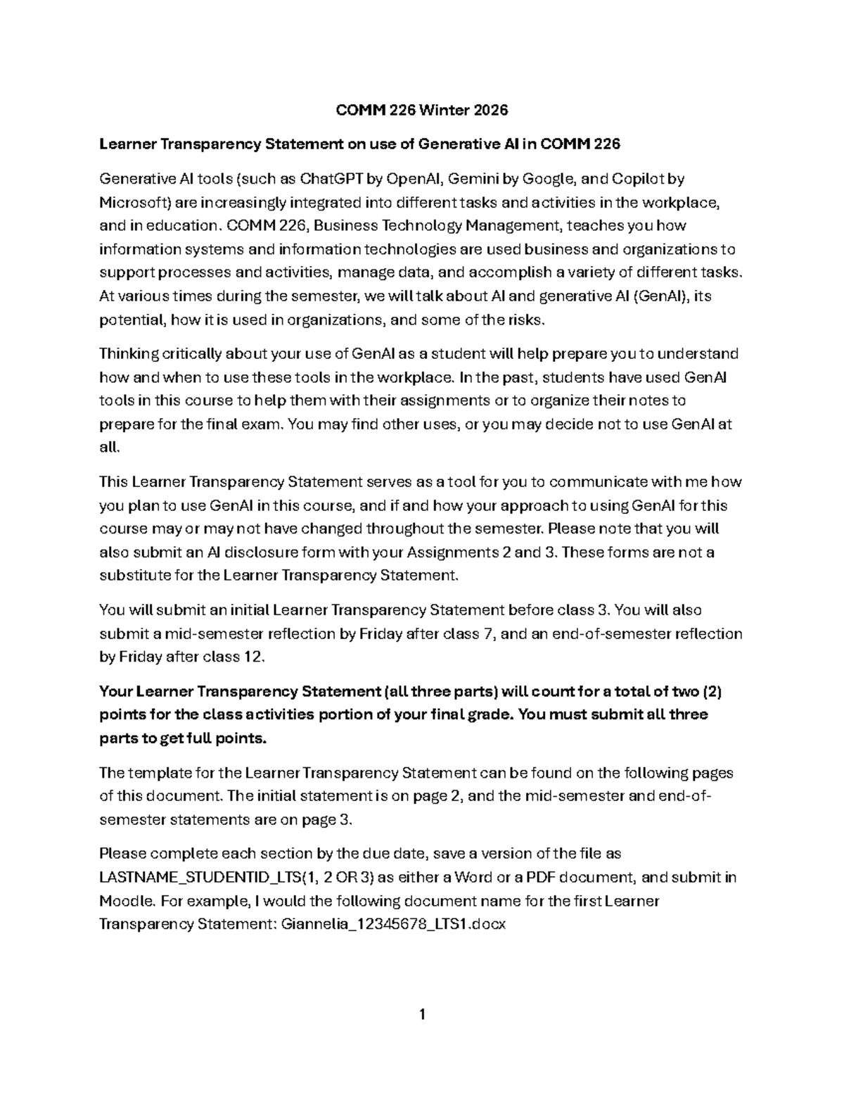 COMM 226 Winter 2026 Learner Transparency Statement on GenAI Use - Studocu