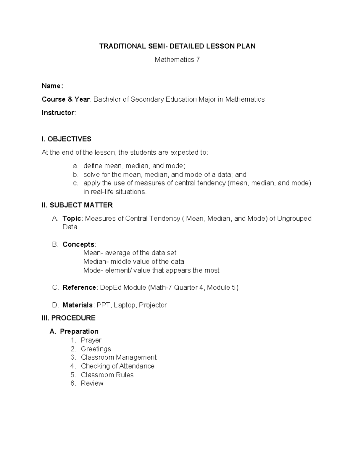 Traditional SEMI- Detailed Lesson Plan - TRADITIONAL SEMI- DETAILED ...