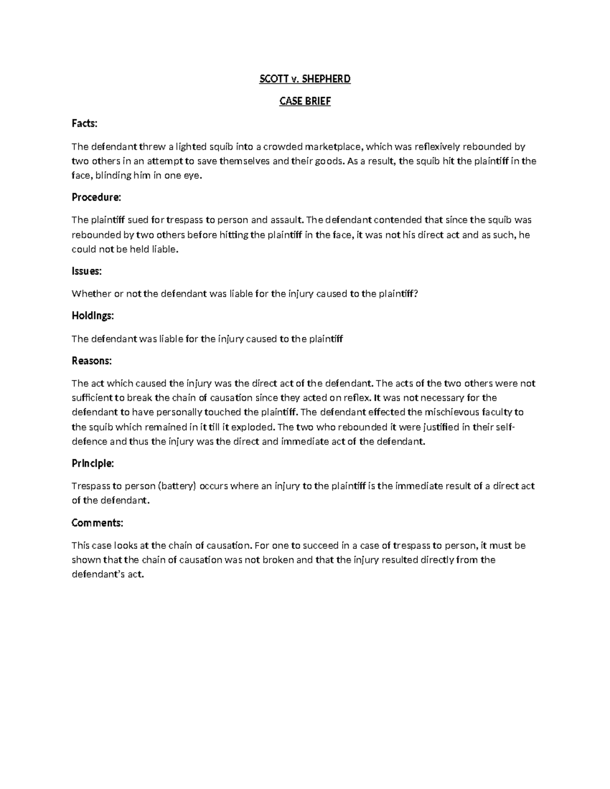 SCOTT v. SHEPHERD CASE BRIEF: Trespass & Causation Analysis - Studocu