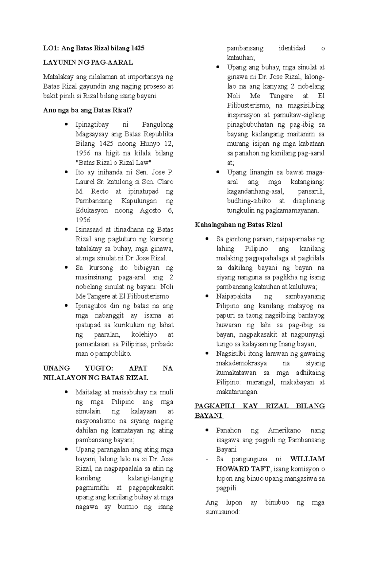 LO1 Handouts - LO1: Ang Batas Rizal bilang 1425 LAYUNIN NG PAG-AARAL ...
