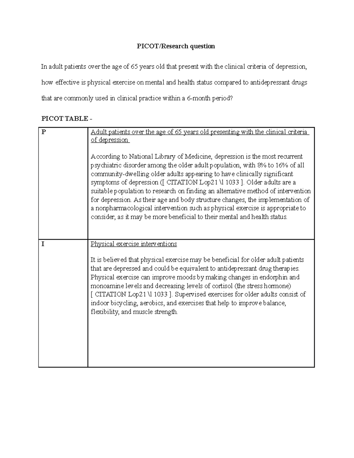 Nursing Research PICOT Question: Exercise vs. Antidepressants in ...