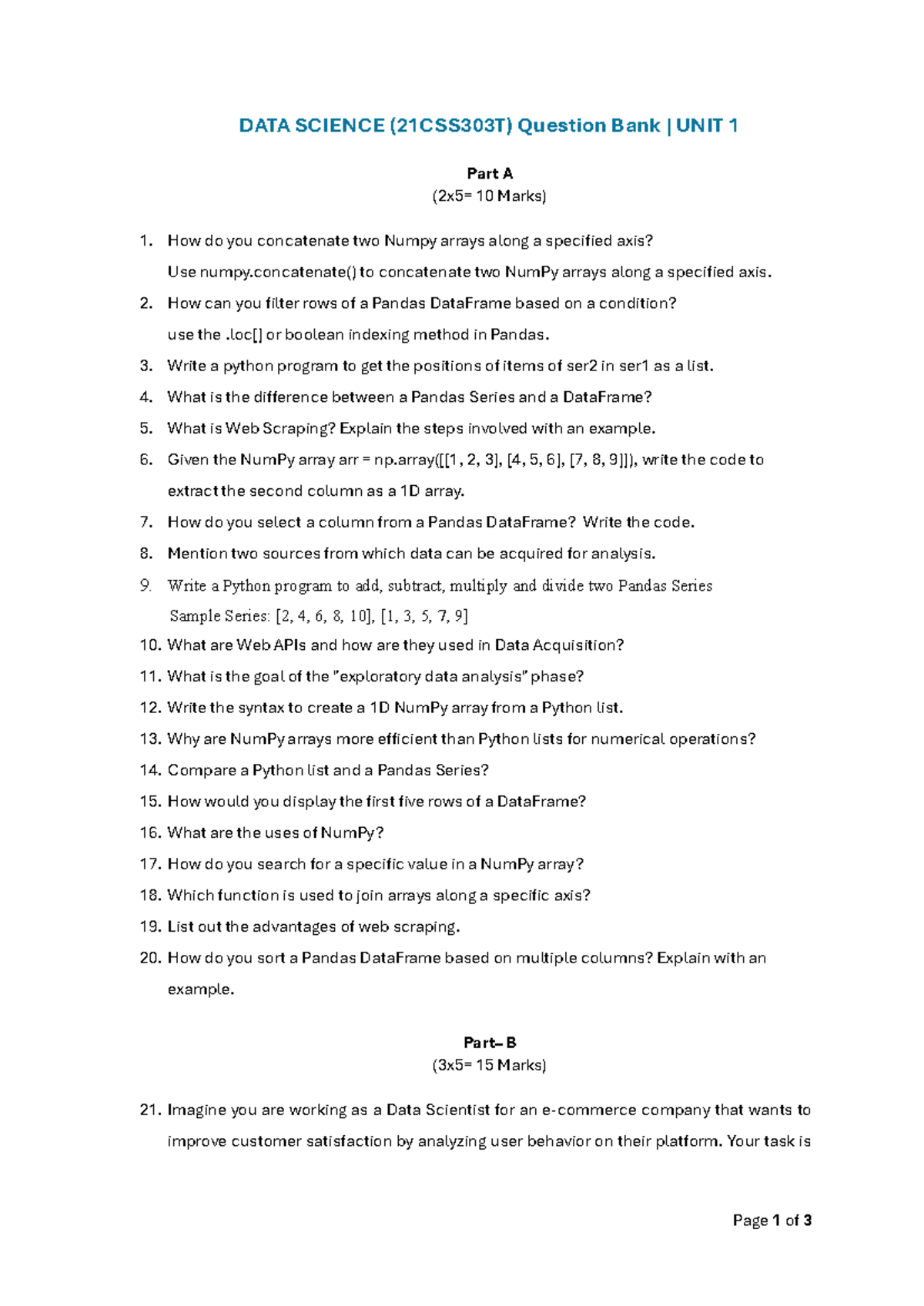 Data Science UNIT 1 Question Bank - 21CSS303T - Studocu