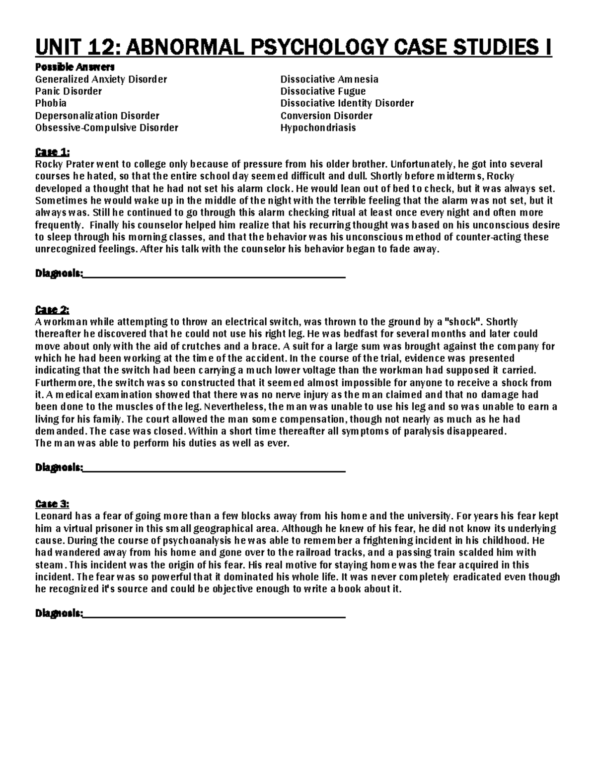 UNIT 12: ABNORMAL PSYCHOLOGY CASE STUDIES I Analysis and Insights - Studocu