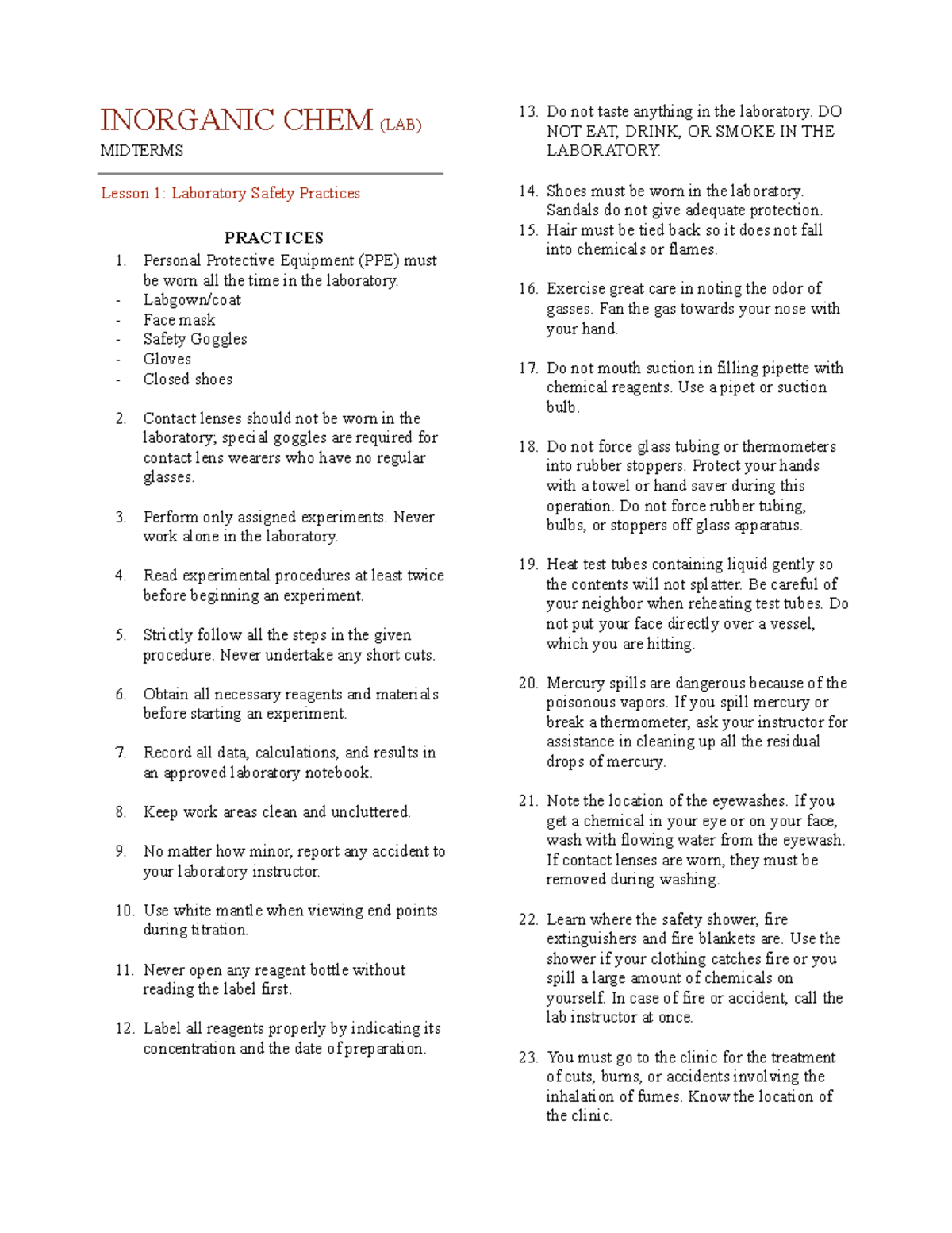 Inorg Chem (LAB) Midterm: Lab Safety & Chemical Reactions Guide - Studocu