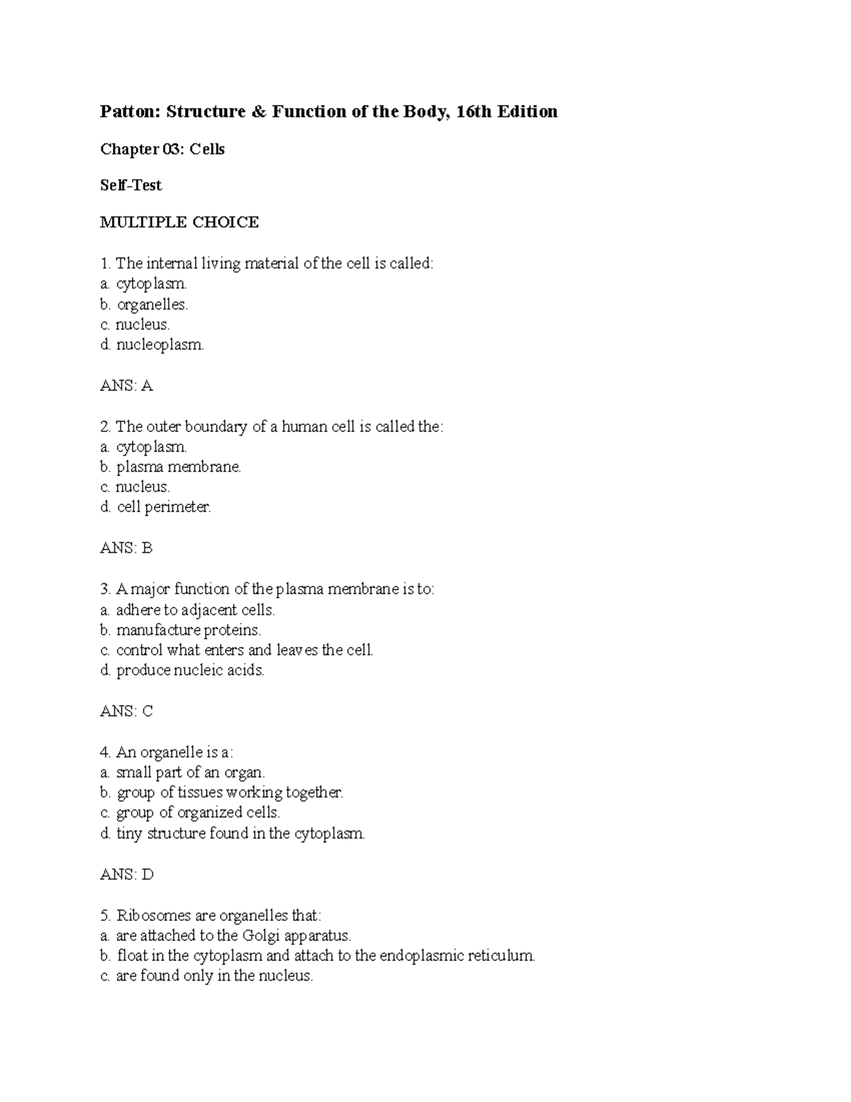 Chapter 003: Cells - Self-Test Questions & Answers (Patton 16th Ed ...