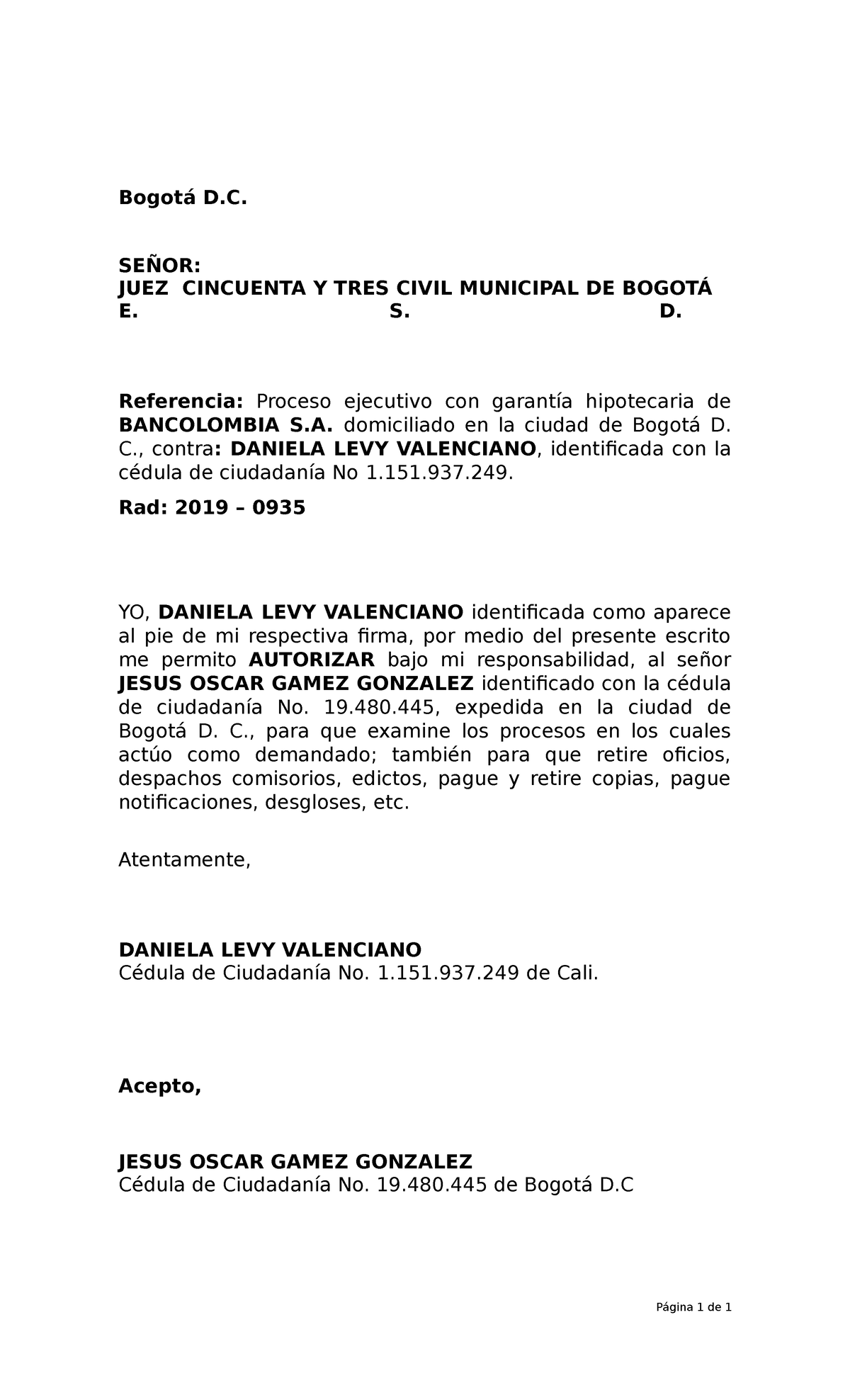 Autorización para Revisión del Proceso: Daniela Levy - Rad 2019-0935 ...