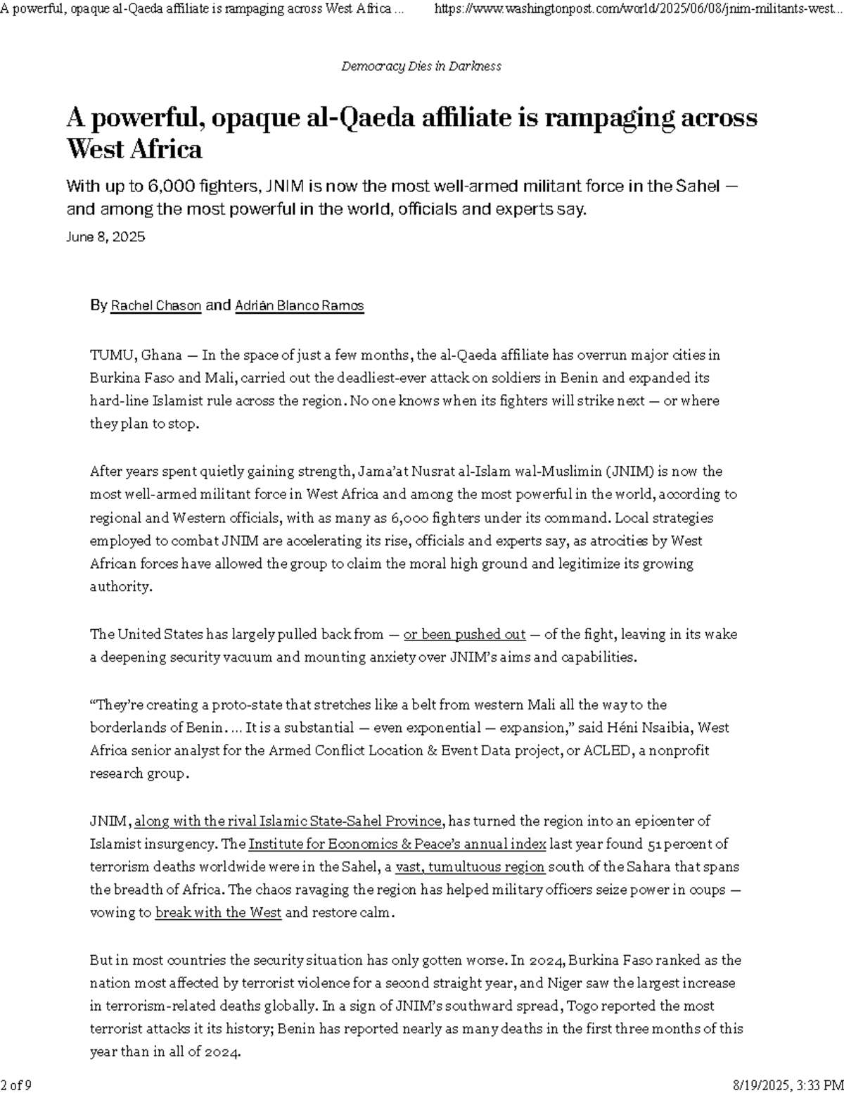 JNIM's Expansion: Analysis of Islamist Insurgency in West Africa 2025 ...