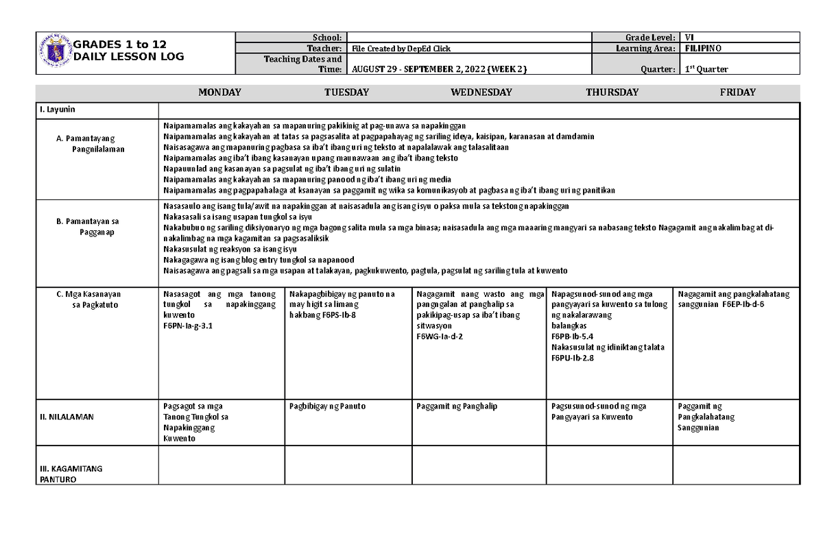 DLL Filipino 6 Q1 W2: Daily Lesson Plan for Grade VI - Studocu