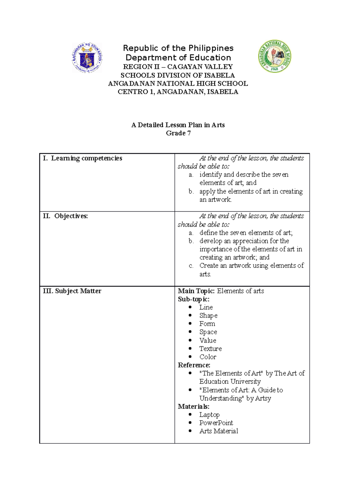 DLP in Arts (Elements) 121438 - Grade 7 Detailed Lesson Plan - Studocu