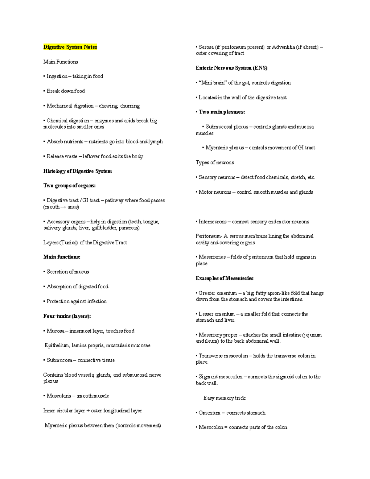 Digestive System Notes (BIO 101): Functions, Anatomy, and Processes ...