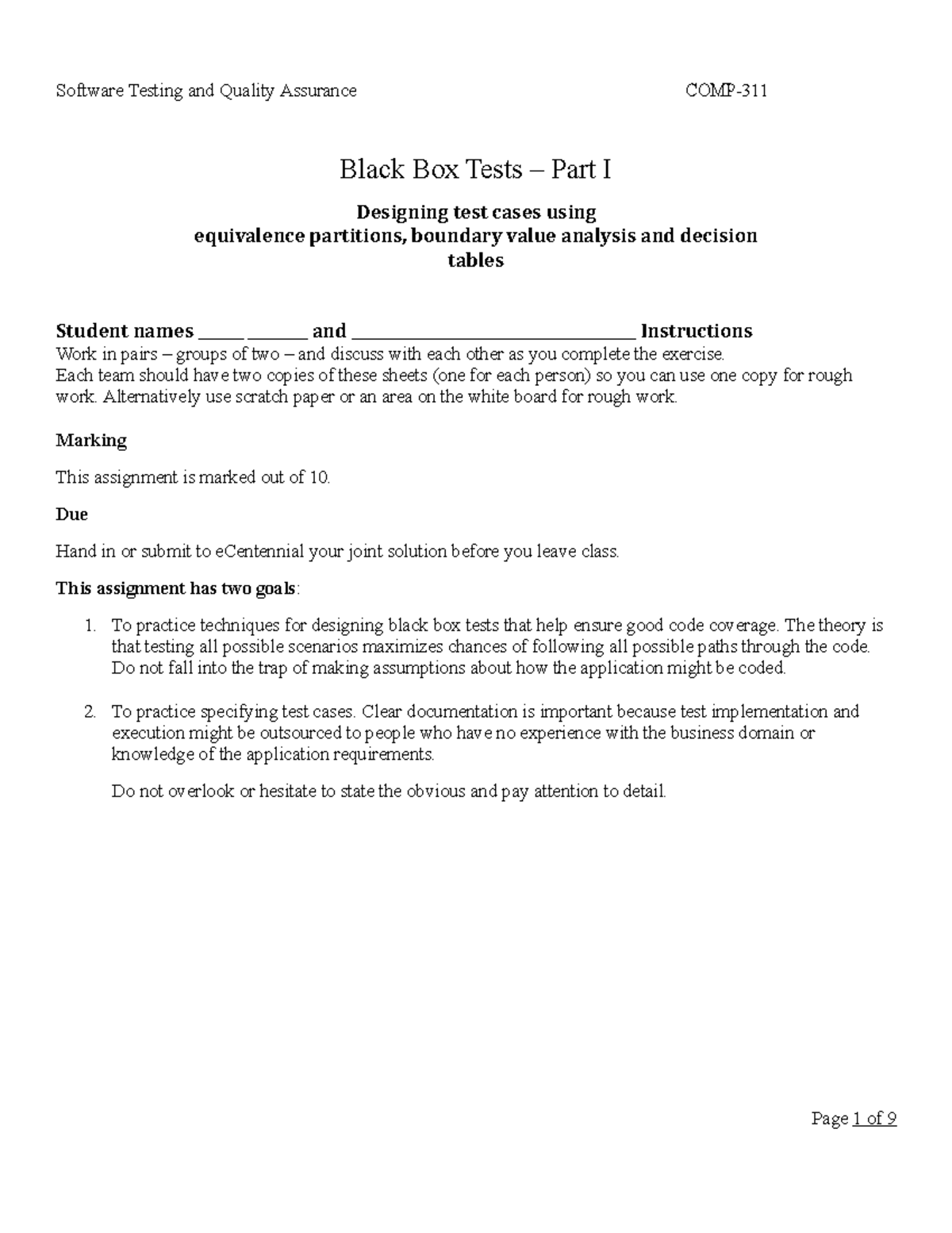 COMP-311 Black Box Tests: Equivalence Partitions & Decision Tables ...