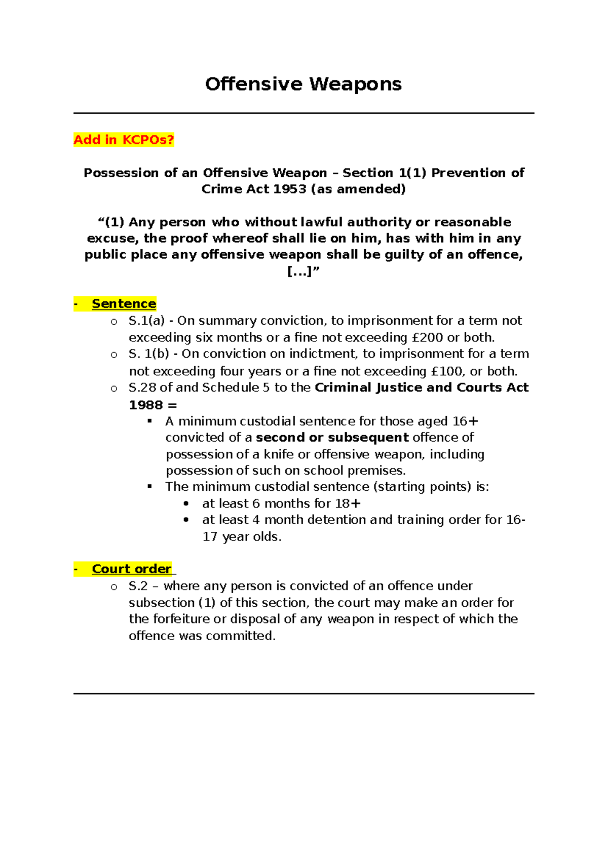 Offensive Weapons: Legal Framework and Case Law Analysis (KCPOs) - Studocu