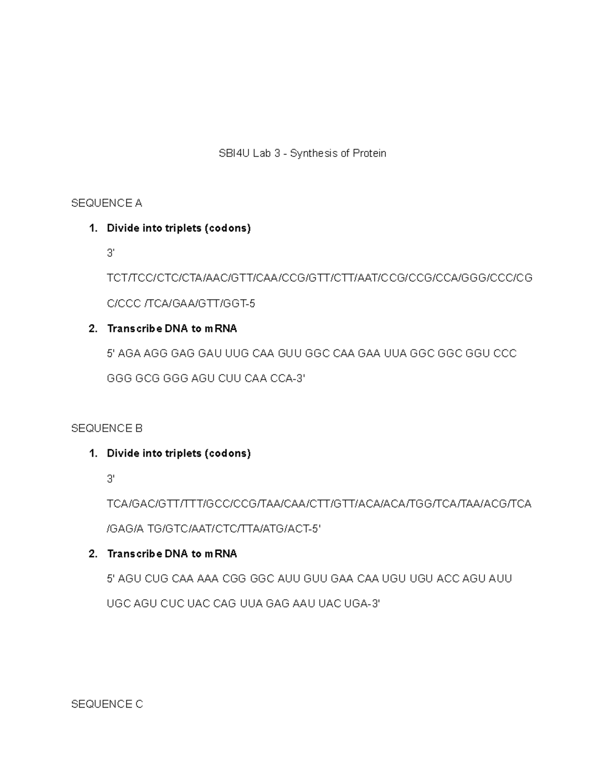 SBI4U Lab 3 - Protein Synthesis and Transcript Analysis - Studocu