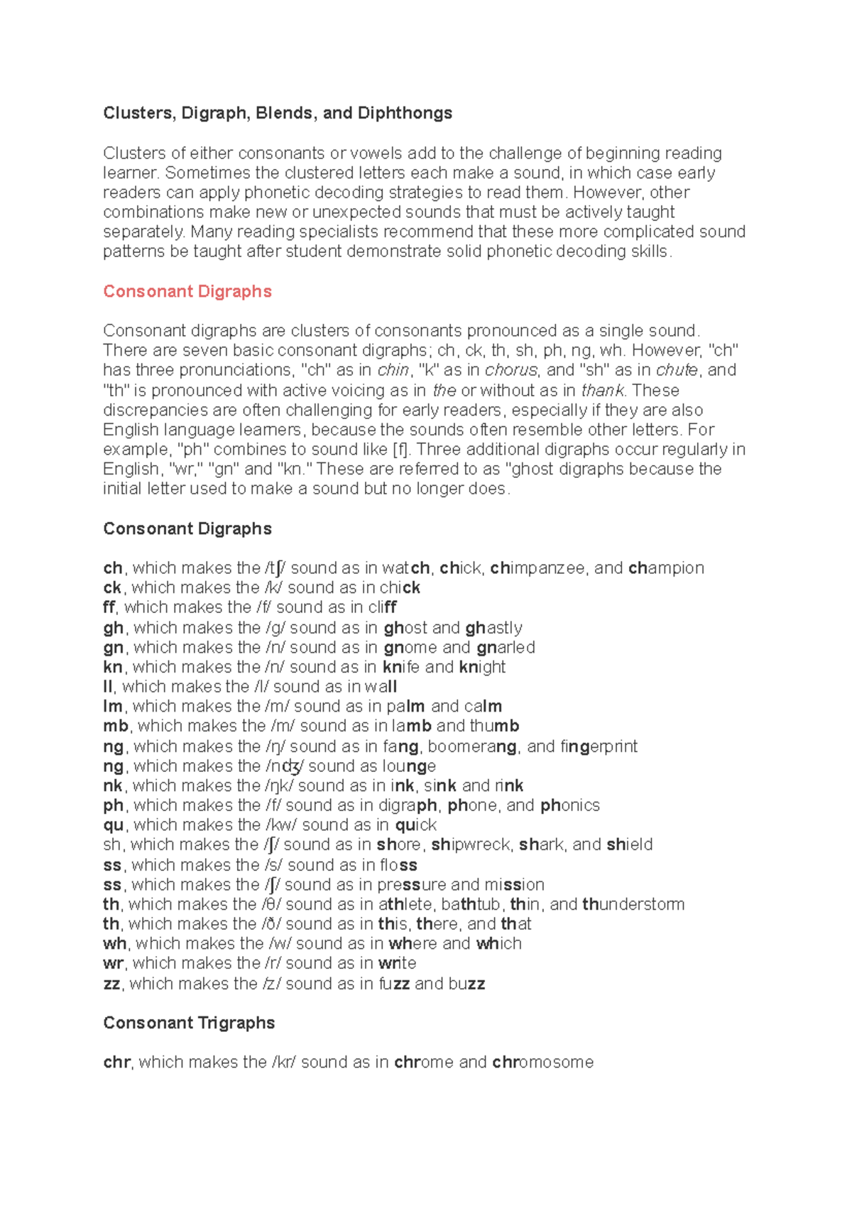 Clusters, Digraph, Blends, & Diphthongs Explanation - Clusters, Digraph ...