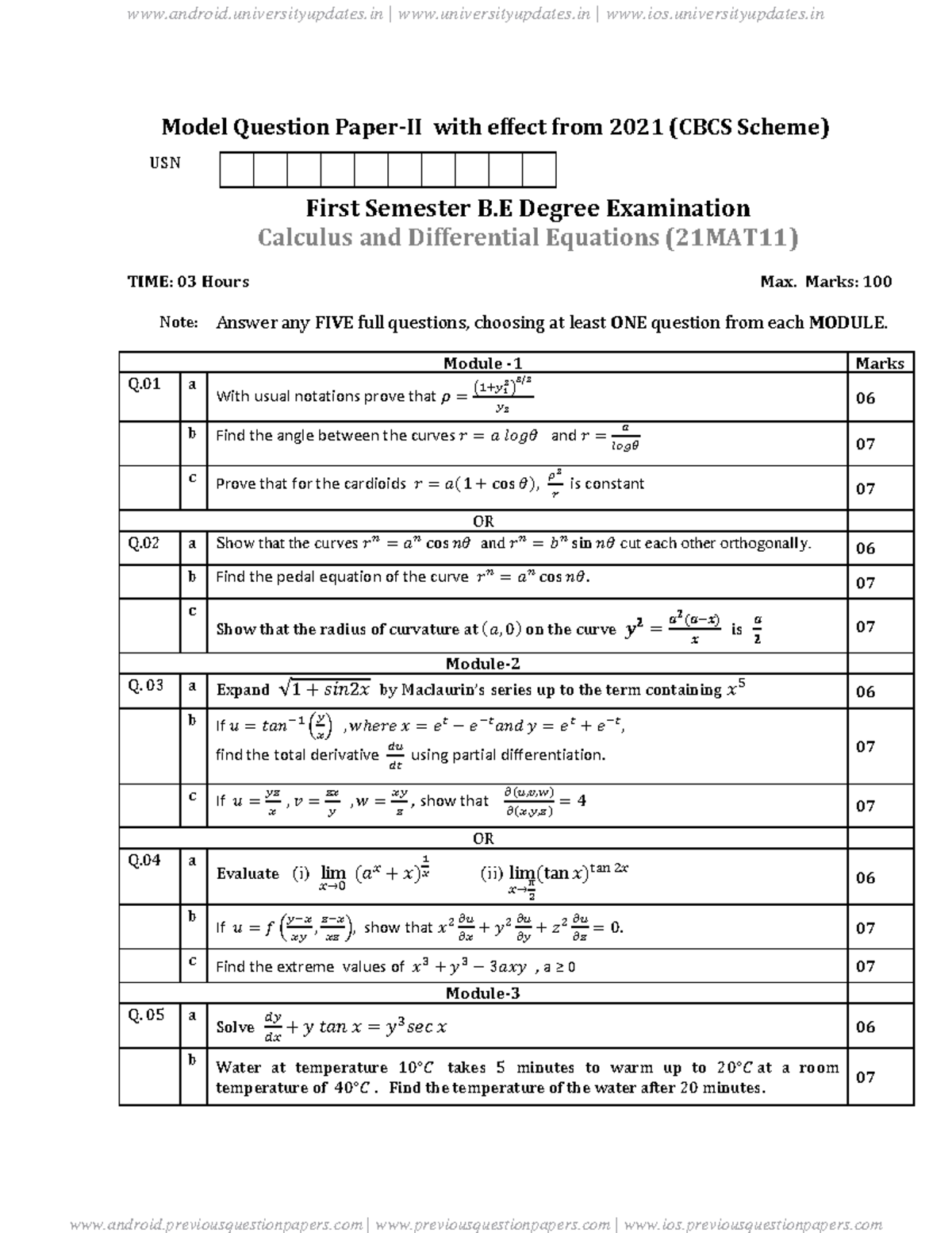 21MAT11 Model Question Paper - Calculus and Differential Equations ...