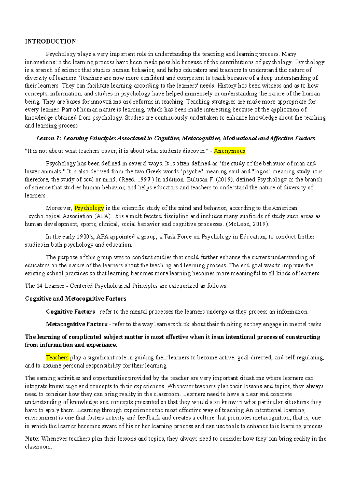 Prof. Ed 5 - Understanding Learner-Centered Facilitation Through Psychology - Studocu