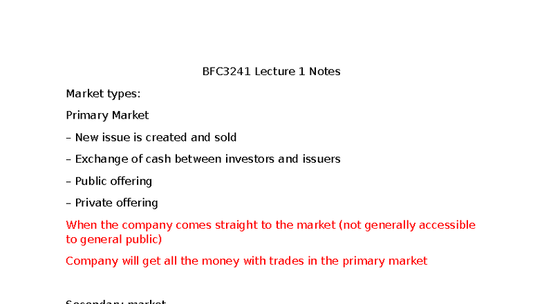 BFC3241 Lecture 1 Notes: Understanding Market Types and Trading ...