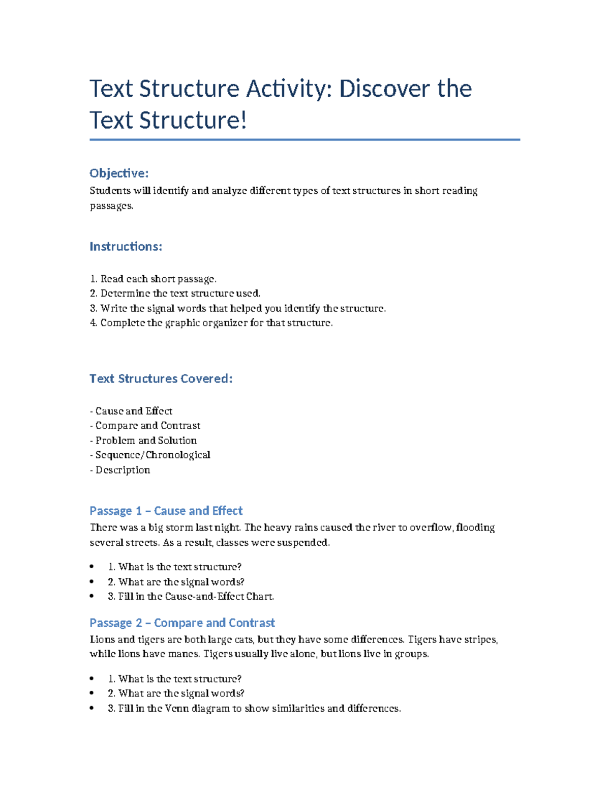 Text Structure Activity: Analyzing Text Structures in Passages - Studocu