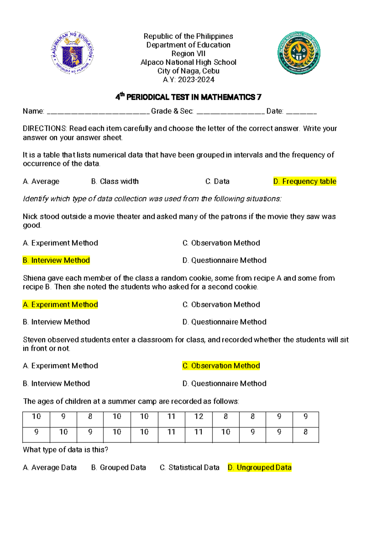 MATH-7 Periodical Test Reviewer for Quiz Bee Preparation - Studocu