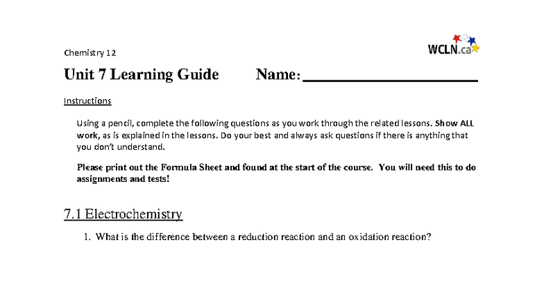 Chemistry 12 Unit 7: Electrochemistry Learning Guide - Studocu