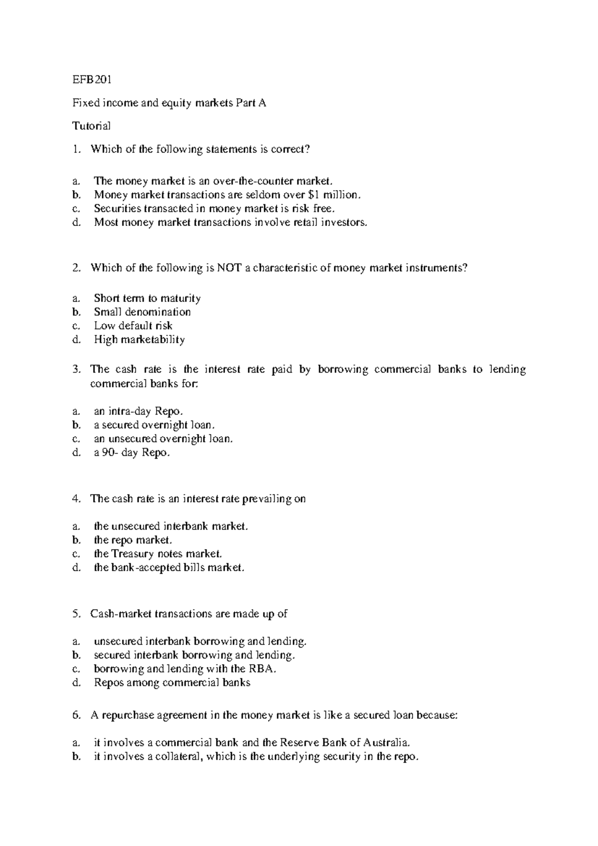 EFB201 Fixed Income and Equity Markets Part A Tutorial Q&A - Studocu