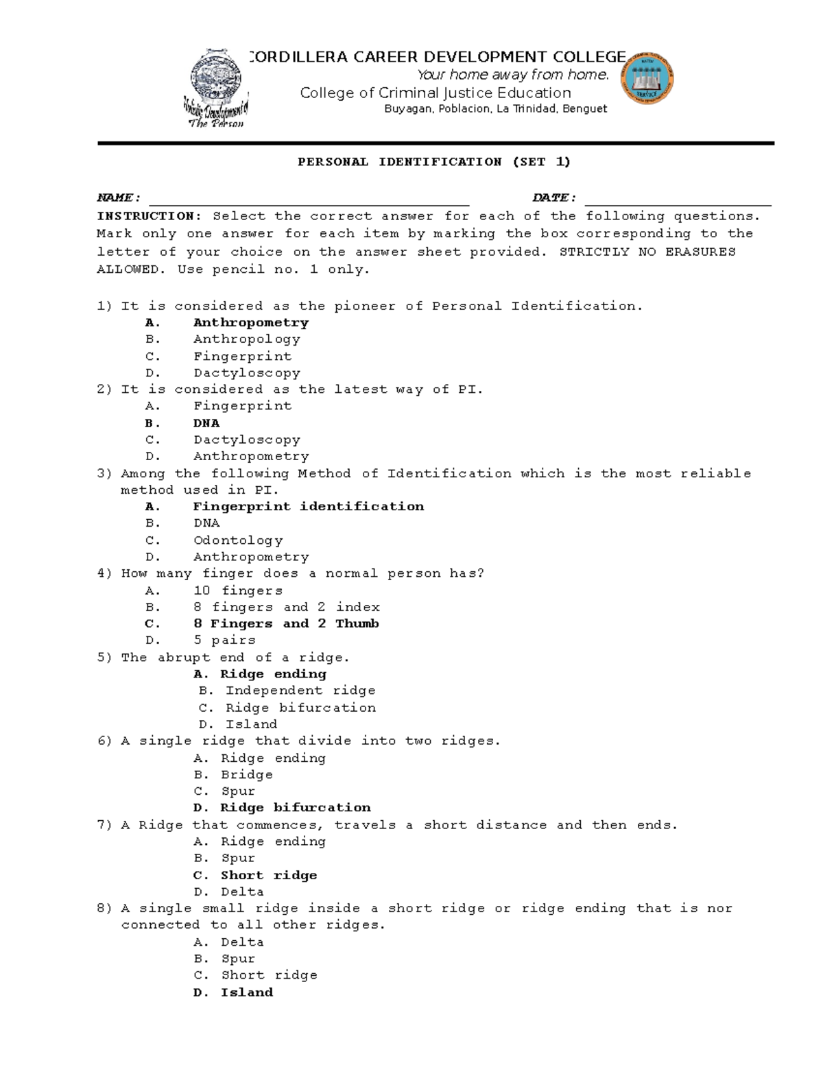 Personal Identification Quiz (CJ 101): Test Your Knowledge - Studocu