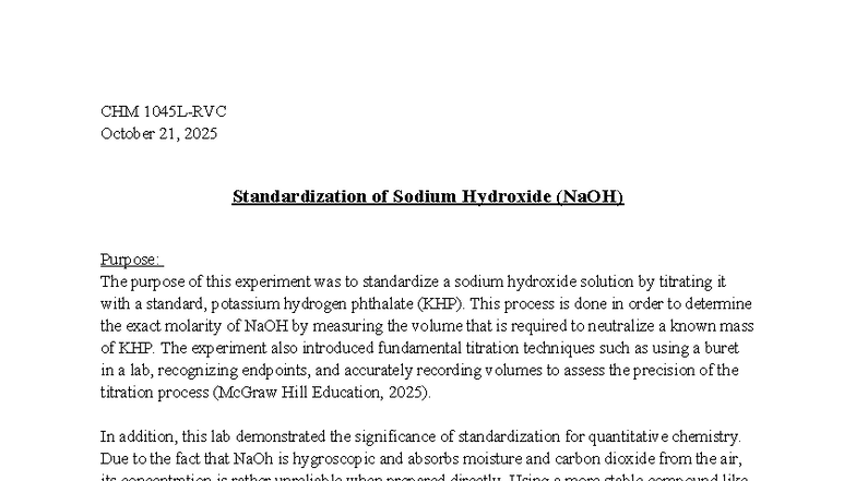 CHM 2025 Lab: Standardization of Sodium Hydroxide (NaOH) Experiment ...