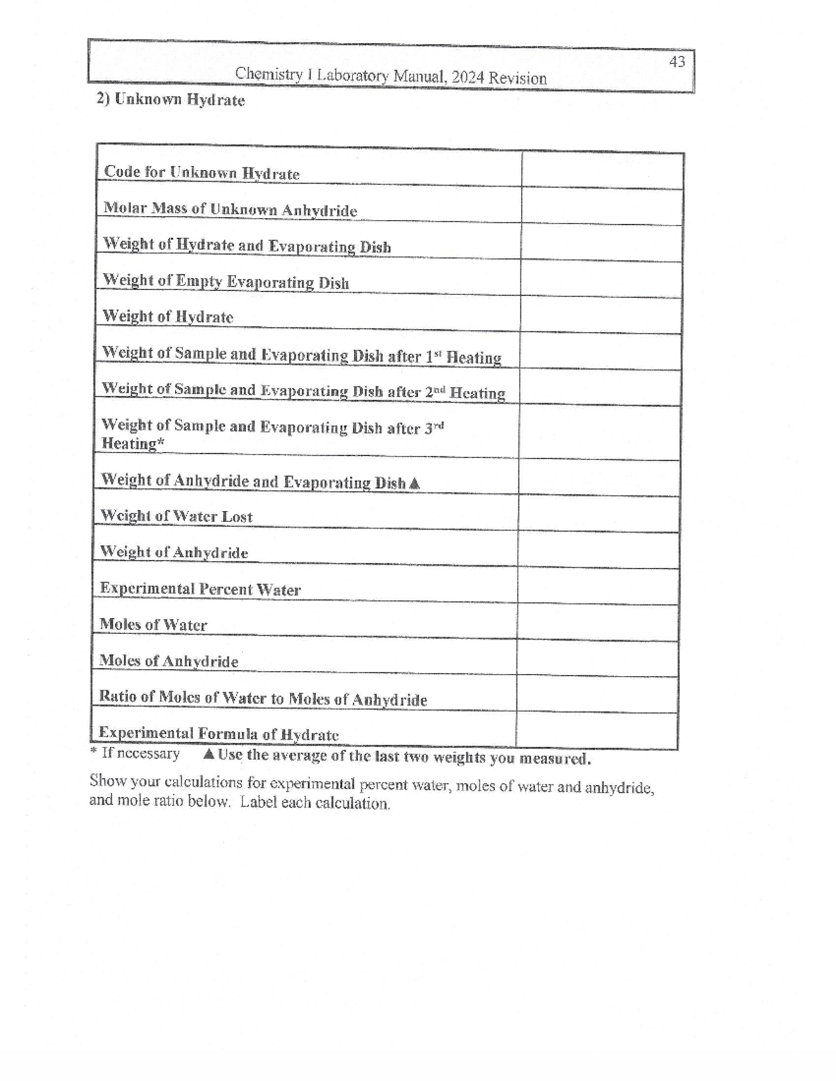 43-44 Chemistry I Lab Manual: Hydrates Experiment, 2024 Edition - Studocu