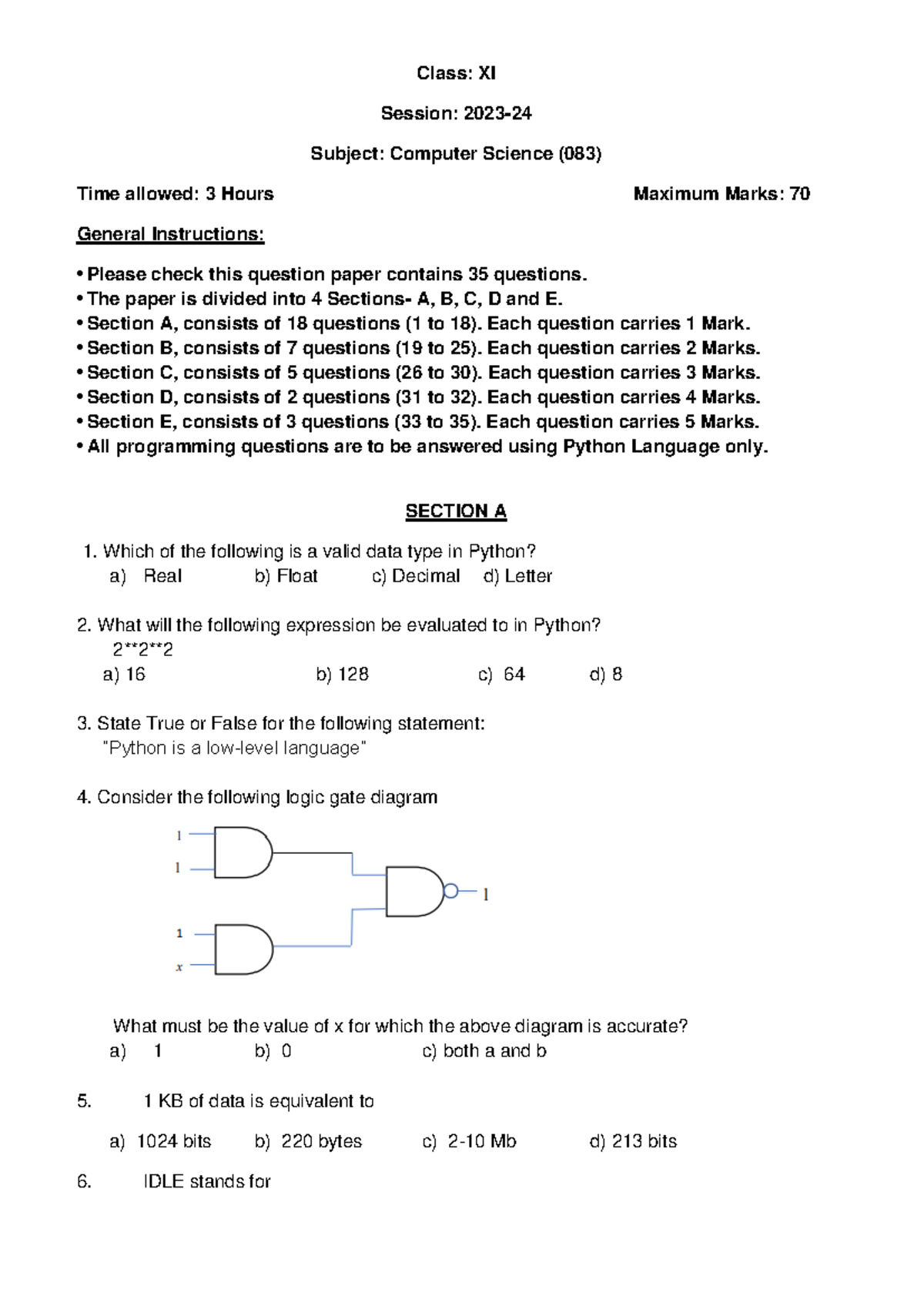 XI Comp. Sc. 2025 - Computer Science Practice Paper with Questions ...