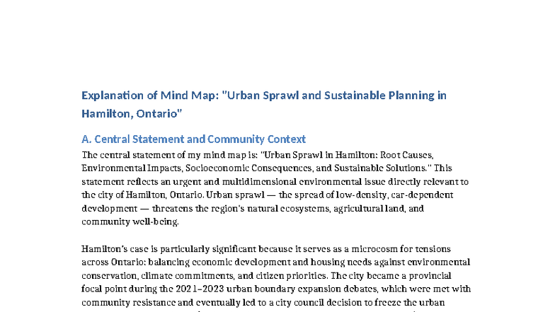 Urban Sprawl and Sustainable Planning in Hamilton: Mind Map Explanation ...