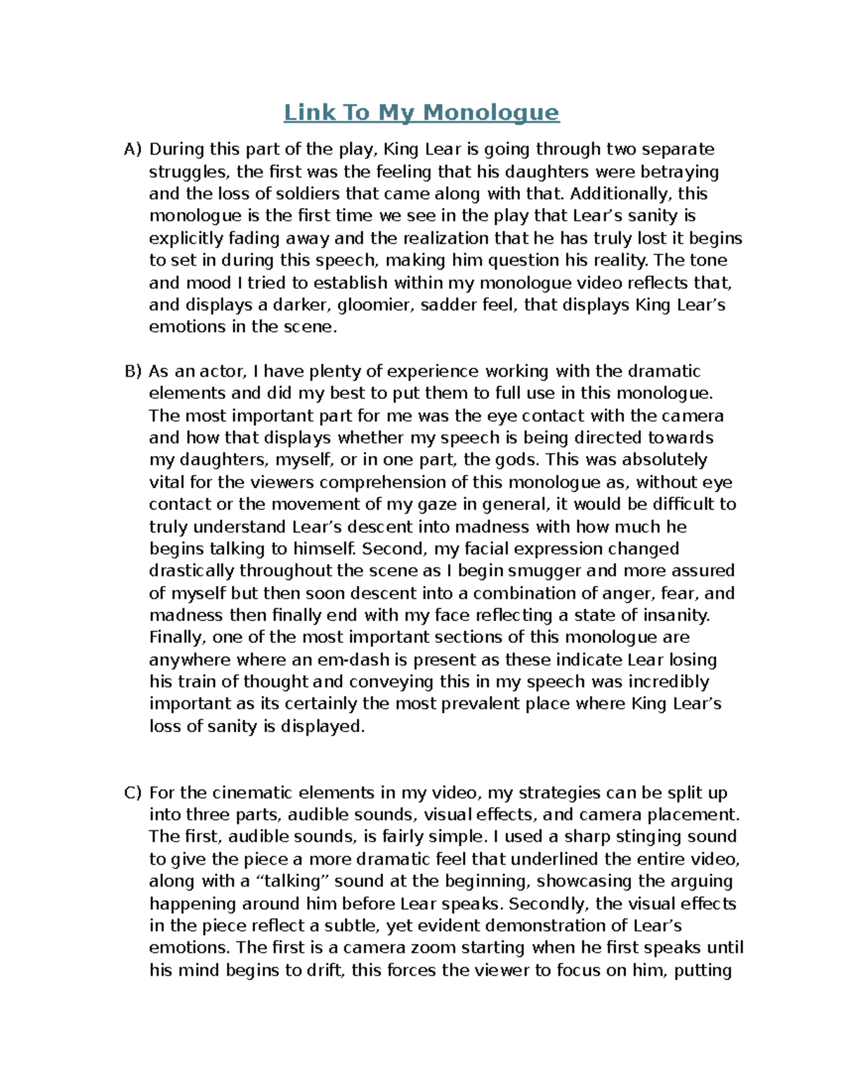 King Lear Monologue Reflection - Analysis of Performance Techniques ...
