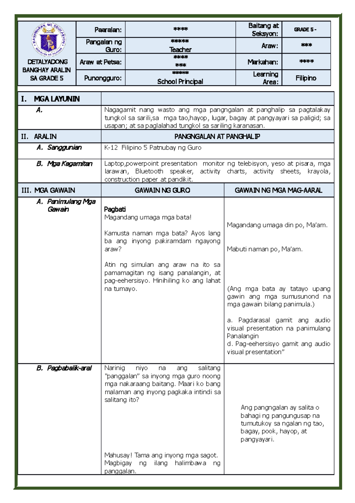 Detailed Lesson Plan: Pangngalan at Panghalip (Grade 5) - Studocu