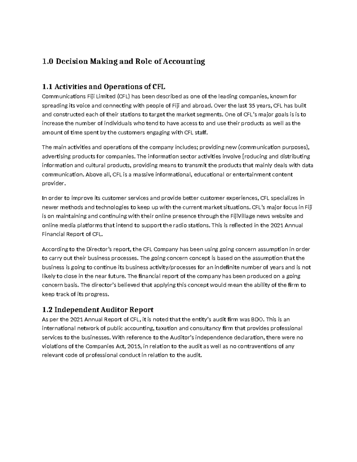 AF101 Major Assignment 1: Analysis of CFL's Financial Operations and ...