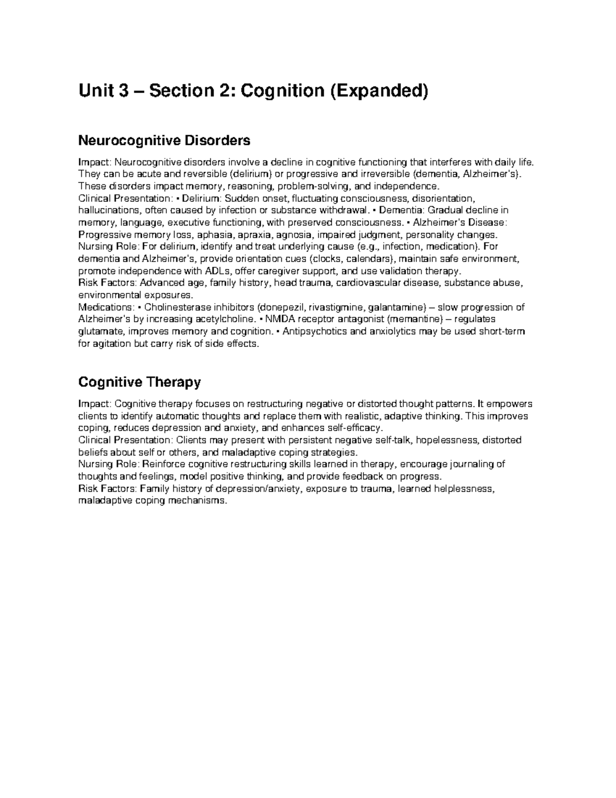 Unit 3: Section 2 - Expanded Overview of Neurocognitive Disorders - Studocu