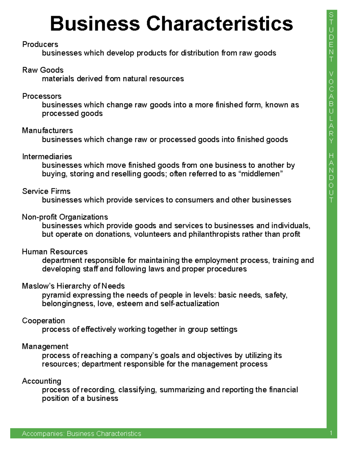 Vocabulary Handout - Business Characteristics - S T U D E N T V O C A B ...