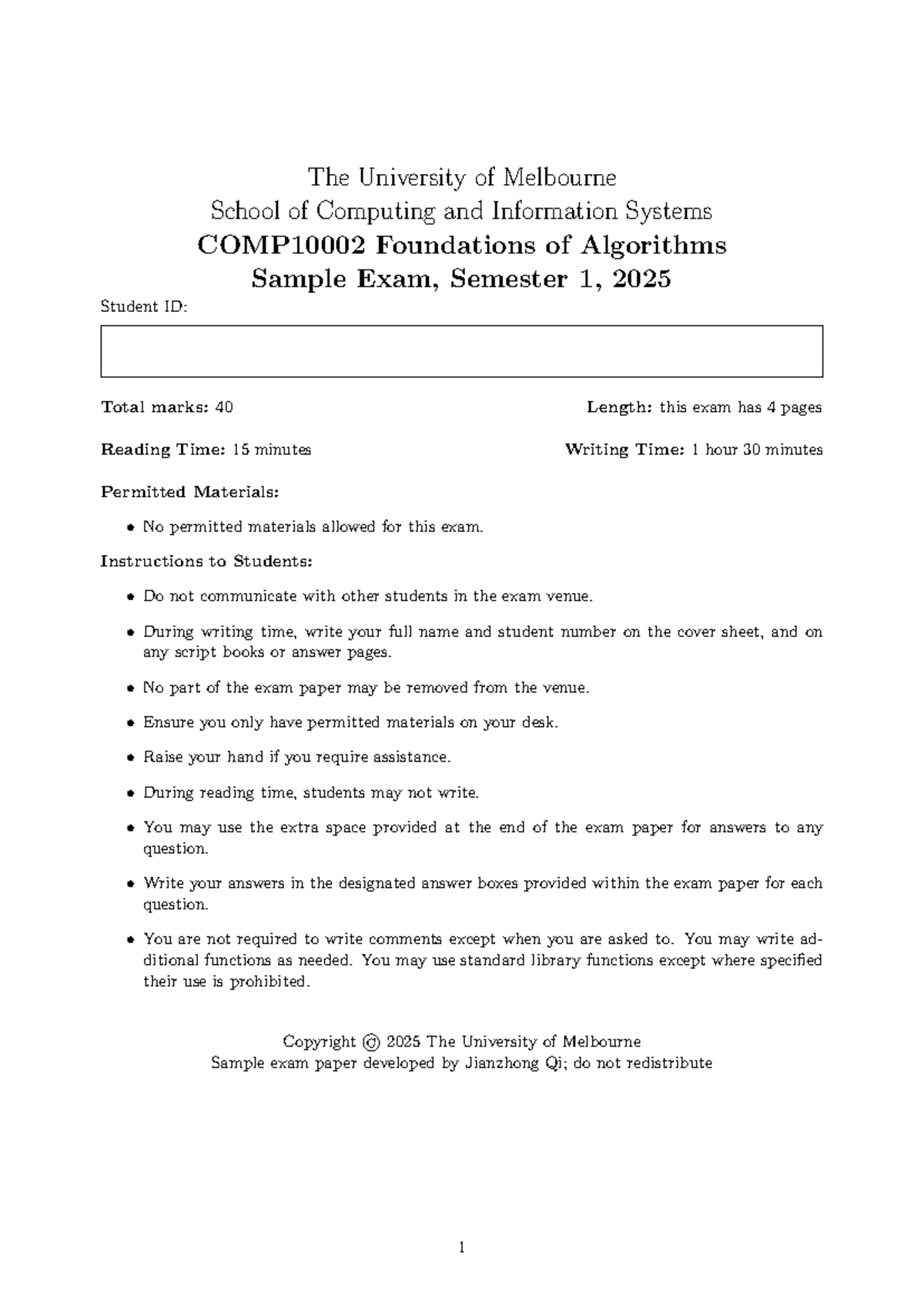 Foundations of Algorithms Sample Exam (COMP10001) - Semester 1, 2025 ...