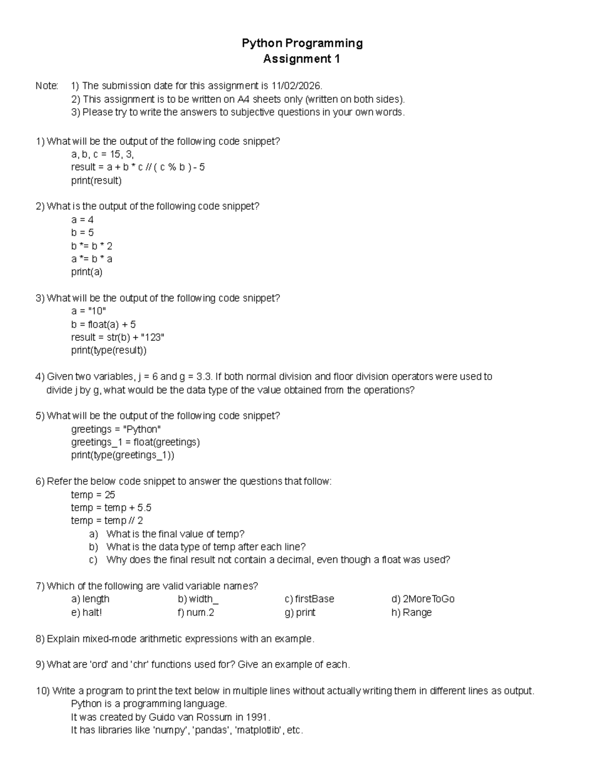 Python Programming Assignment 1: Code Snippets & Concepts - Studocu