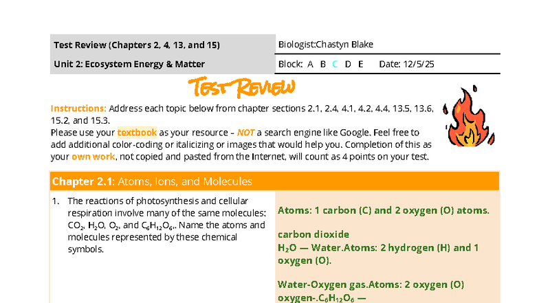 Unit 2 Test Review: Ecosystem Energy & Matter (Ch. 2, 4, 13, 15) - Studocu